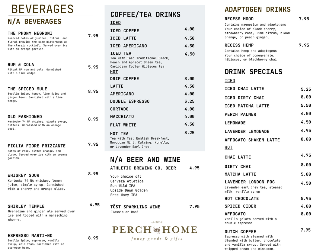 Perch Home & Company | Cafe Menu