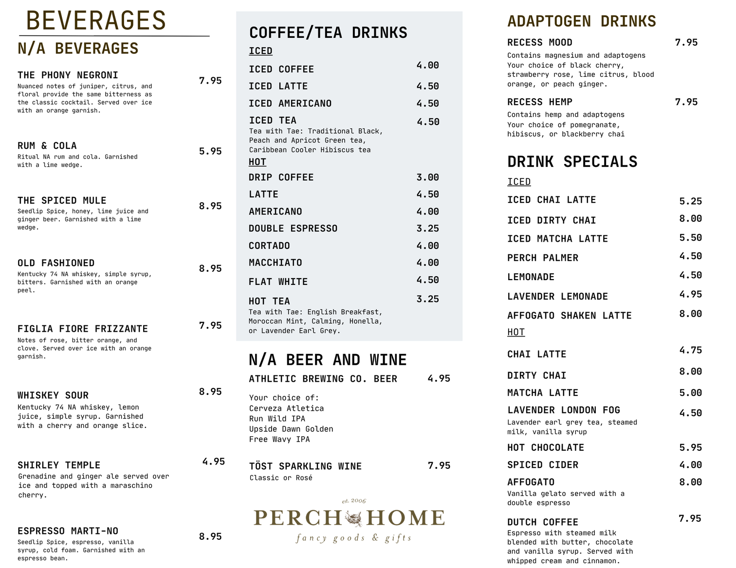 Perch Home & Company | Cafe Menu
