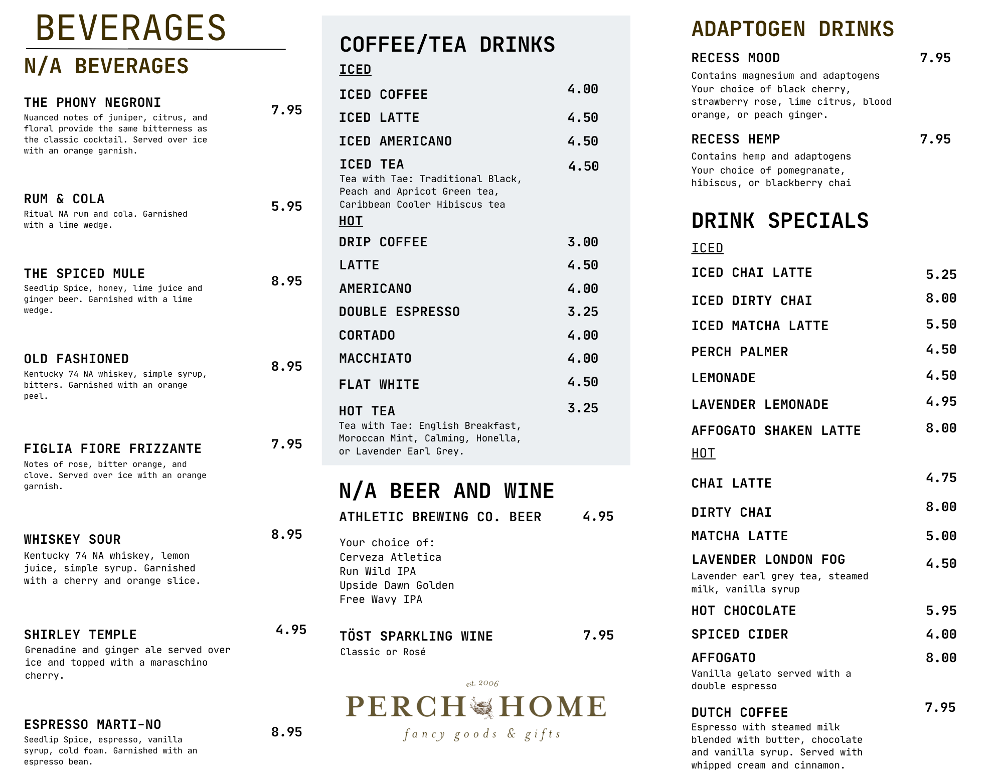 Perch Home & Company | Cafe Menu