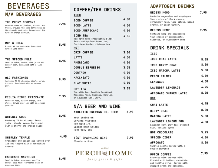 Perch Home & Company | Cafe Menu