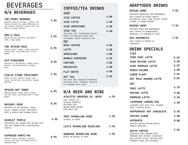 Perch Home & Company | Cafe Menu