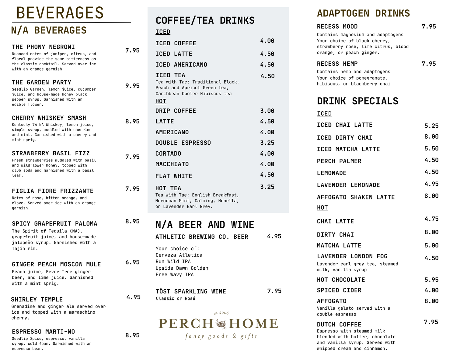 Perch Home & Company | Cafe Menu