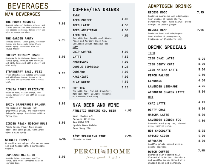 Perch Home & Company | Cafe Menu