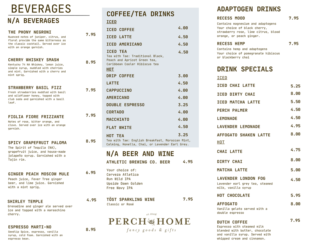 Perch Home & Company | Cafe Menu