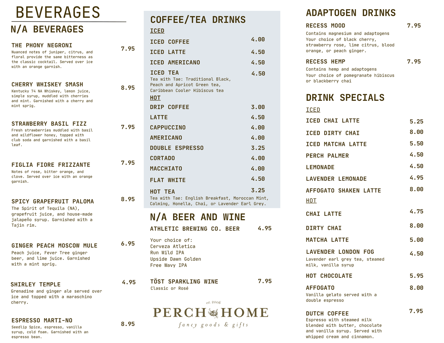 Perch Home & Company | Cafe Menu