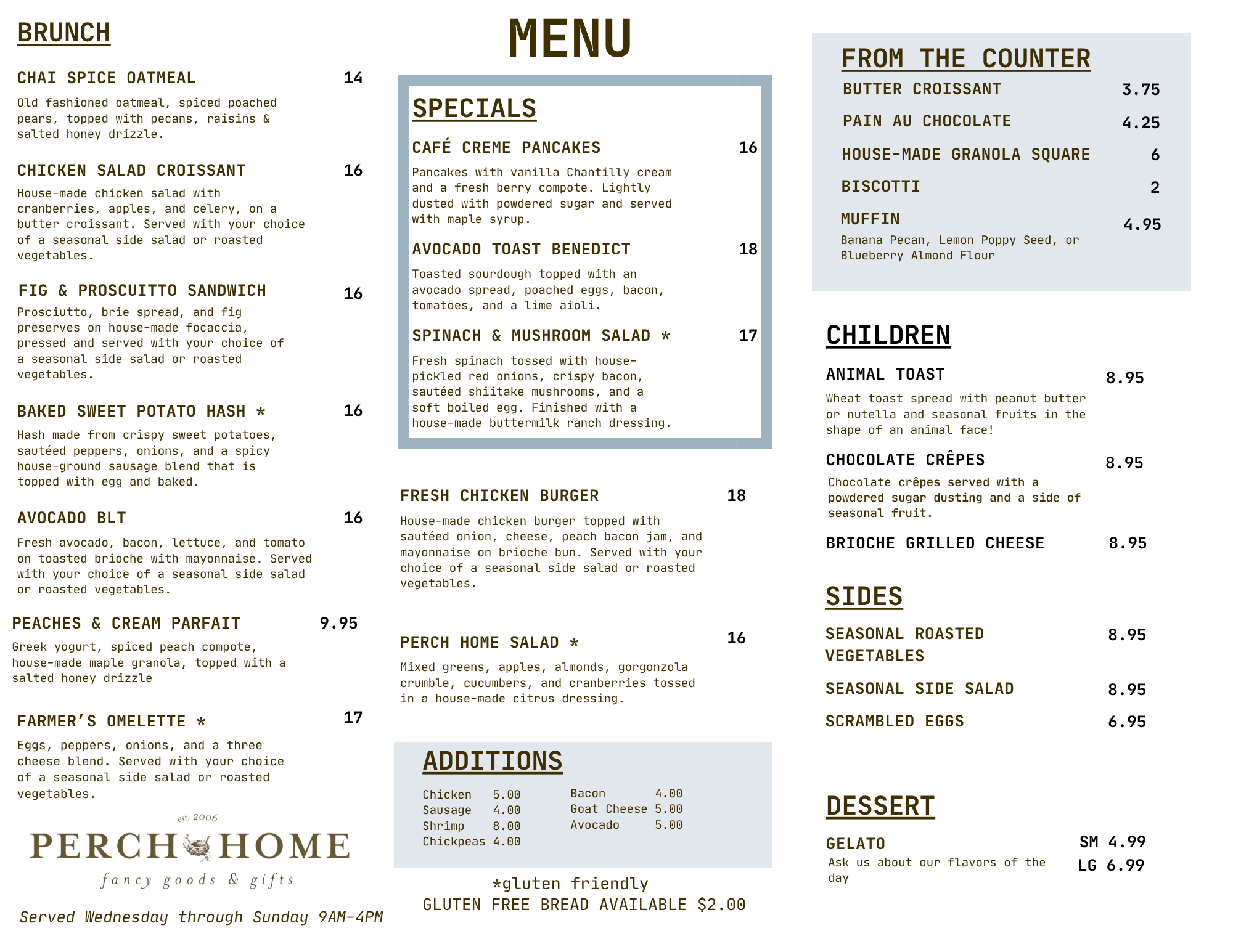 Perch Home & Company | Cafe Menu