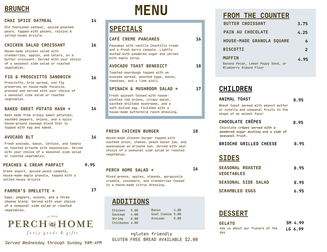 Perch Home & Company | Cafe Menu