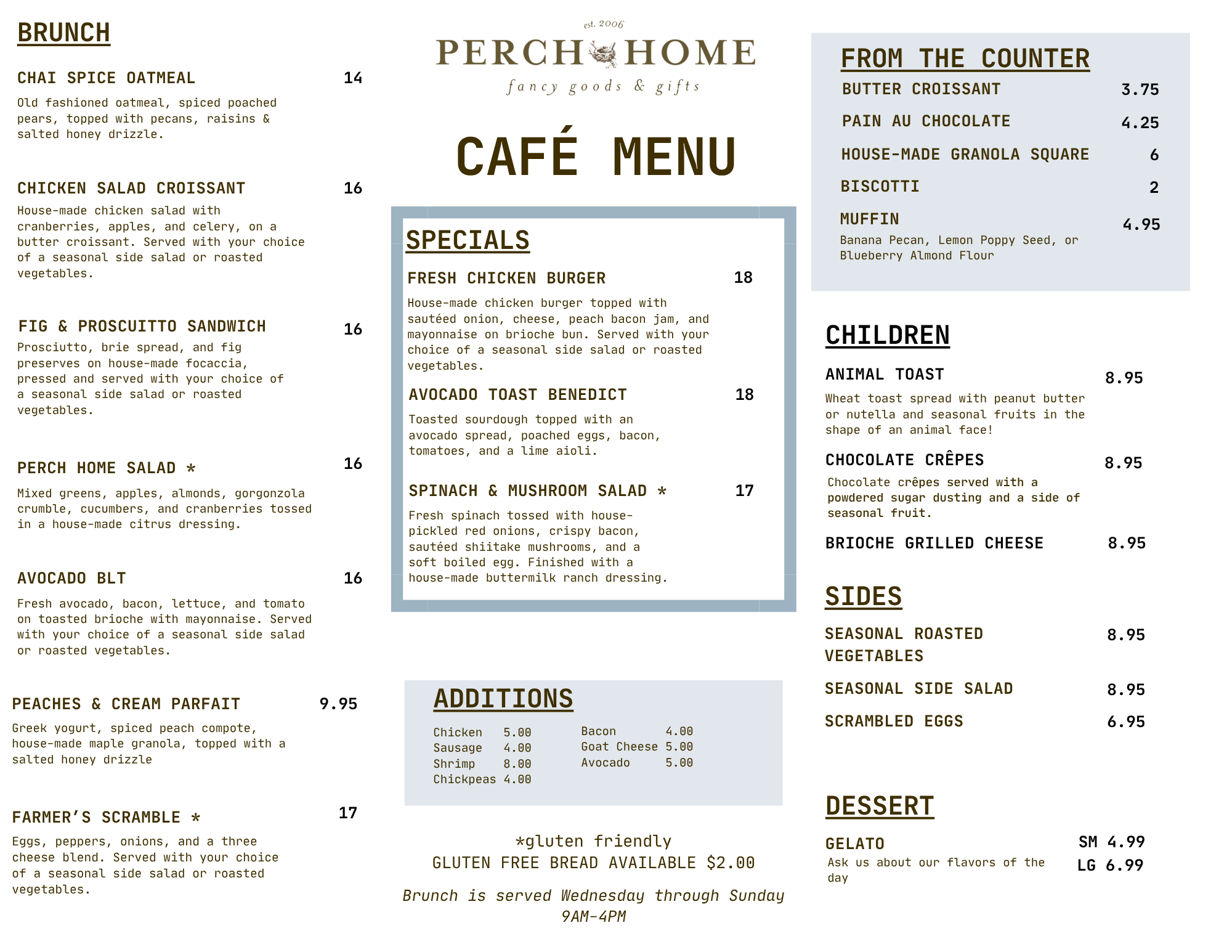 Perch Home & Company | Cafe Menu