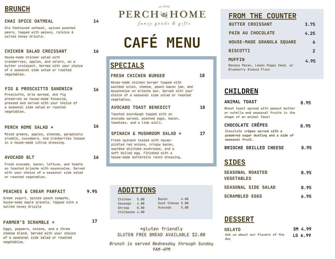 Perch Home & Company | Cafe Menu