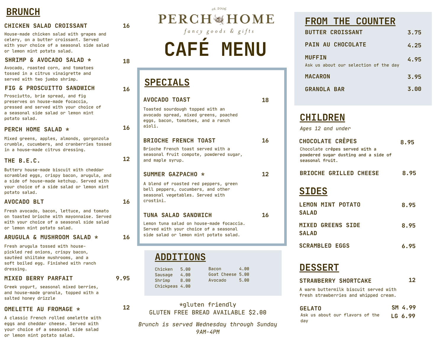 Perch Home & Company | Cafe Menu
