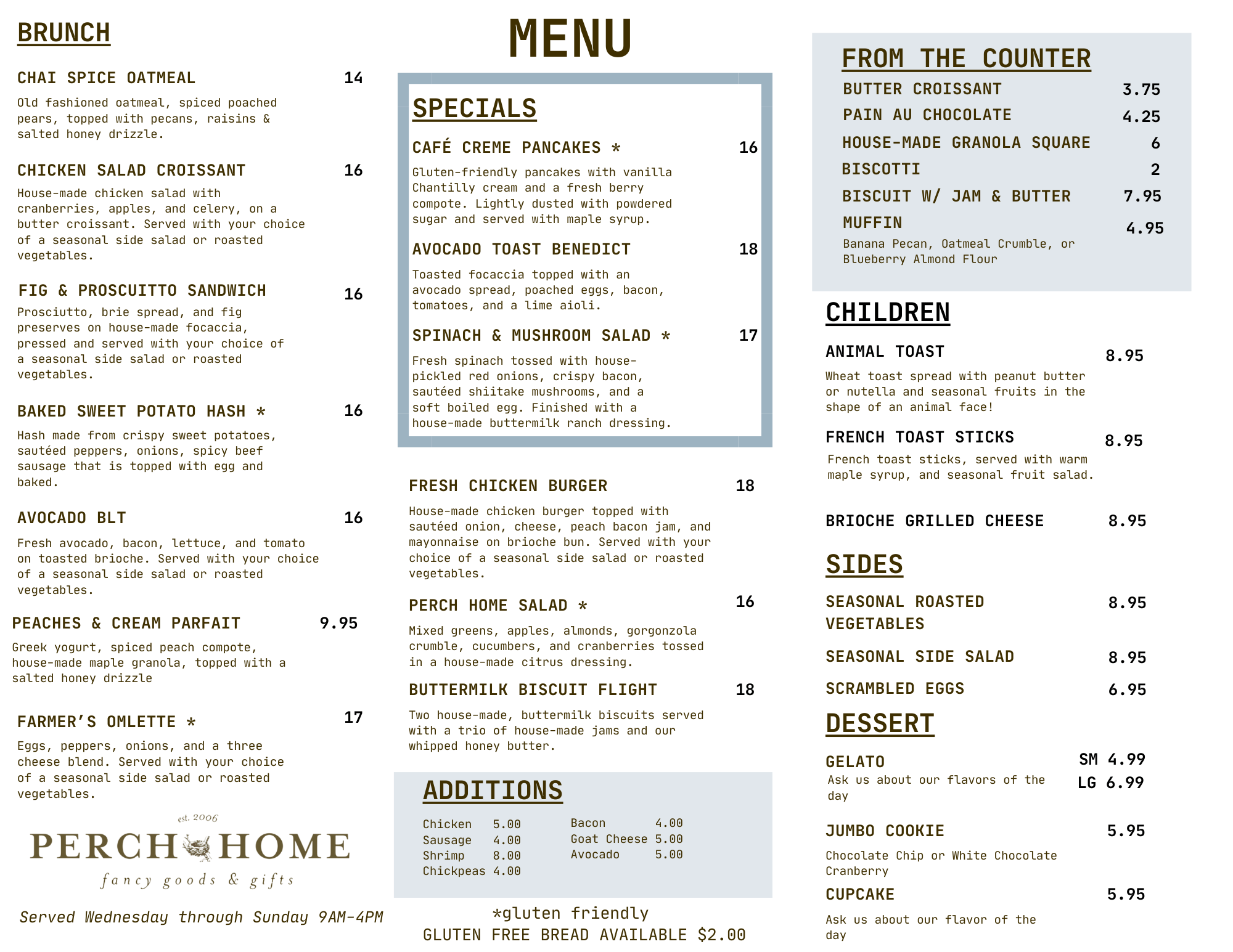 Perch Home & Company | Cafe Menu