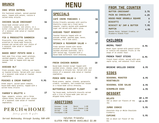 Perch Home & Company | Cafe Menu