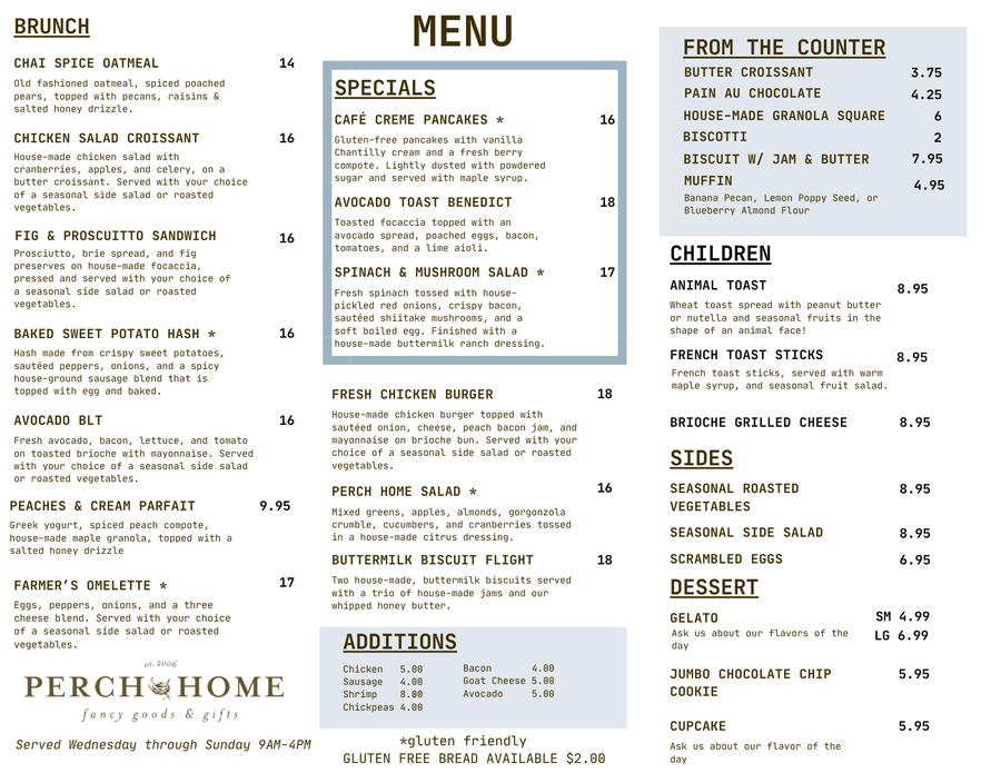 Perch Home & Company | Cafe Menu
