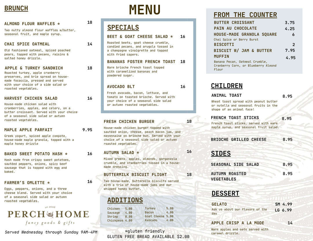 Perch Home & Company | Cafe Menu