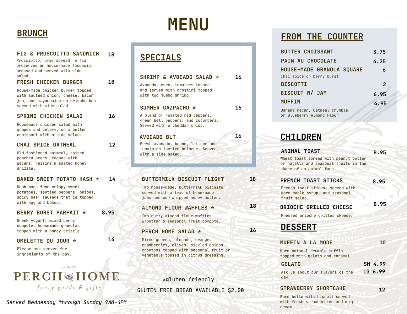 Perch Home & Company | Cafe Menu