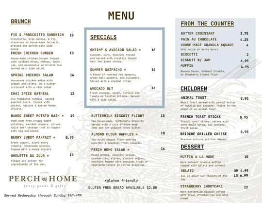 Perch Home & Company | Cafe Menu