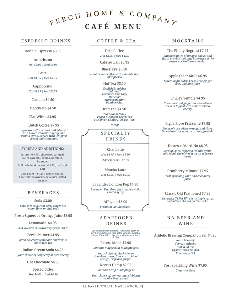 Perch Home & Company | Cafe Menu