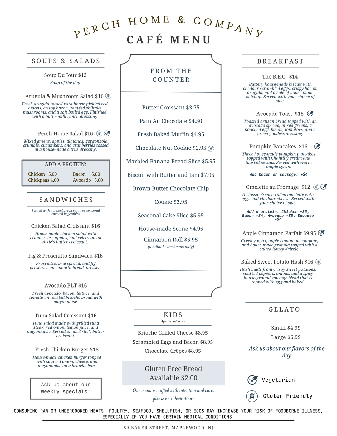 Perch Home & Company | Cafe Menu
