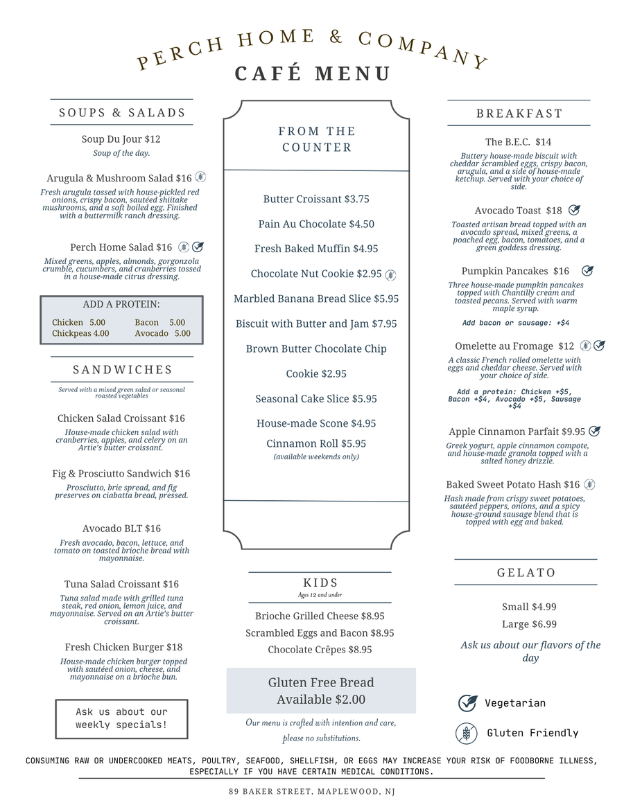 Perch Home & Company | Cafe Menu
