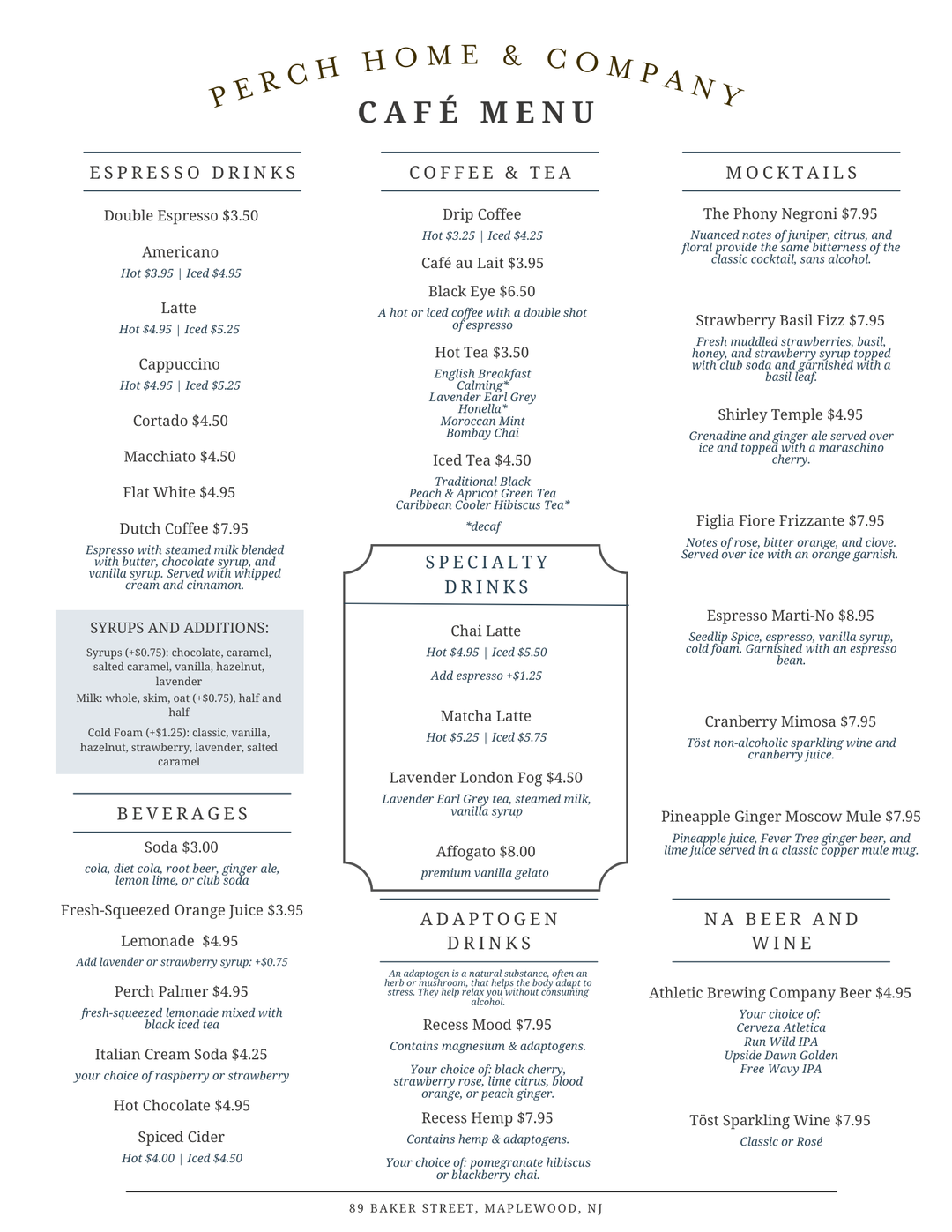 Perch Home & Company | Cafe Menu