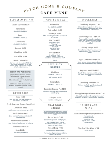 Perch Home & Company | Cafe Menu