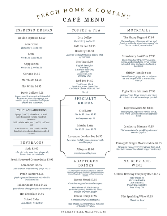 Perch Home & Company | Cafe Menu