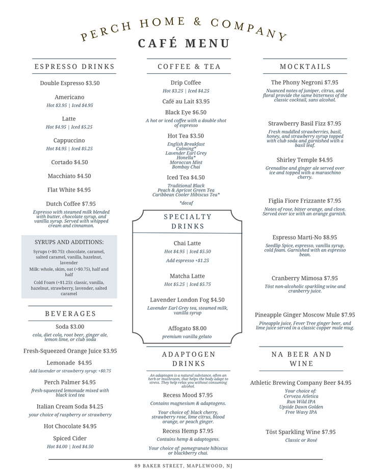 Perch Home & Company | Cafe Menu